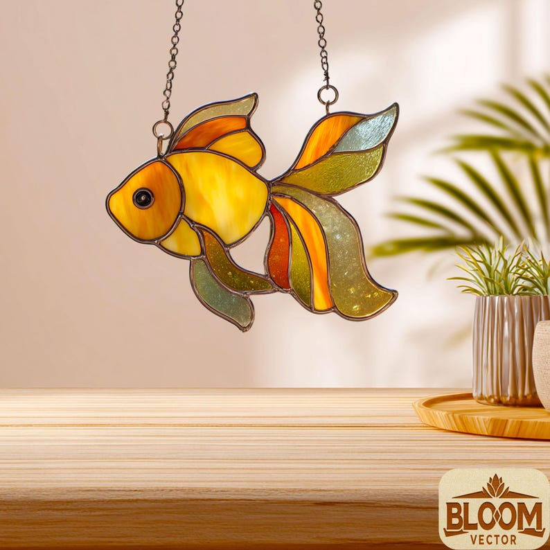 Golden Fish Stained Glass Pattern: DIY Home Decor (PDF & PNG Files ...
