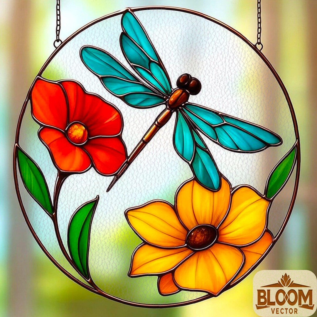 Dragonfly V2 Stained Glass Pattern, Flower Stained Glass Pattern, Diy ...