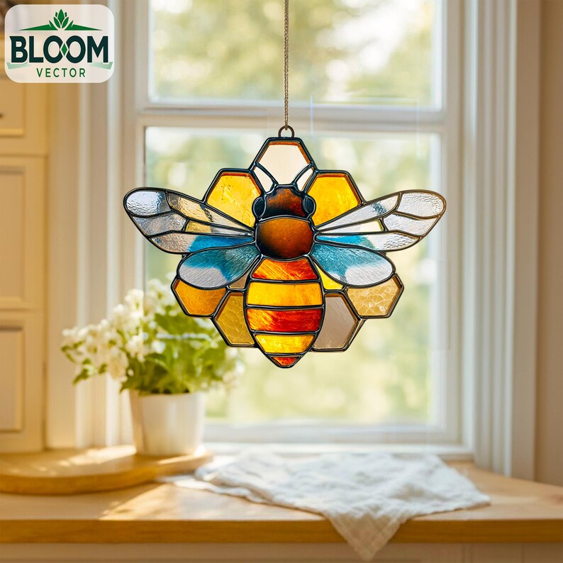 Bee and Honeycomb Stained Glass Pattern PDF | Bee Suncatcher Template ...