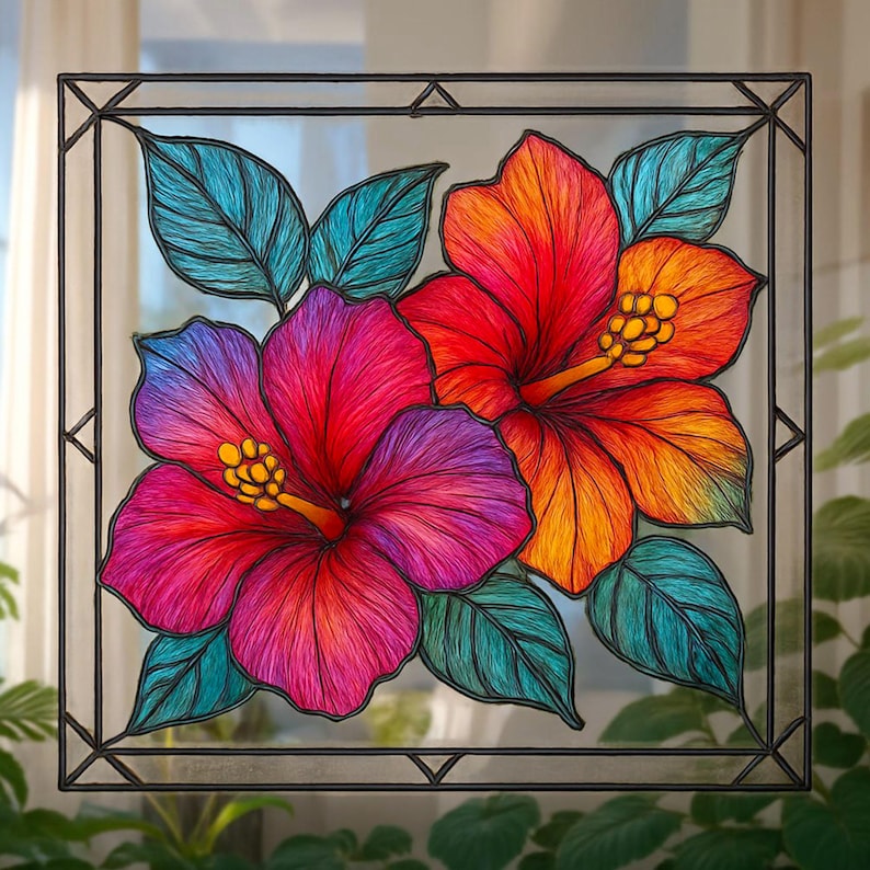 Hibiscus Stained Glass Pattern: DIY Home Decor (PDF Download A4/PNG ...