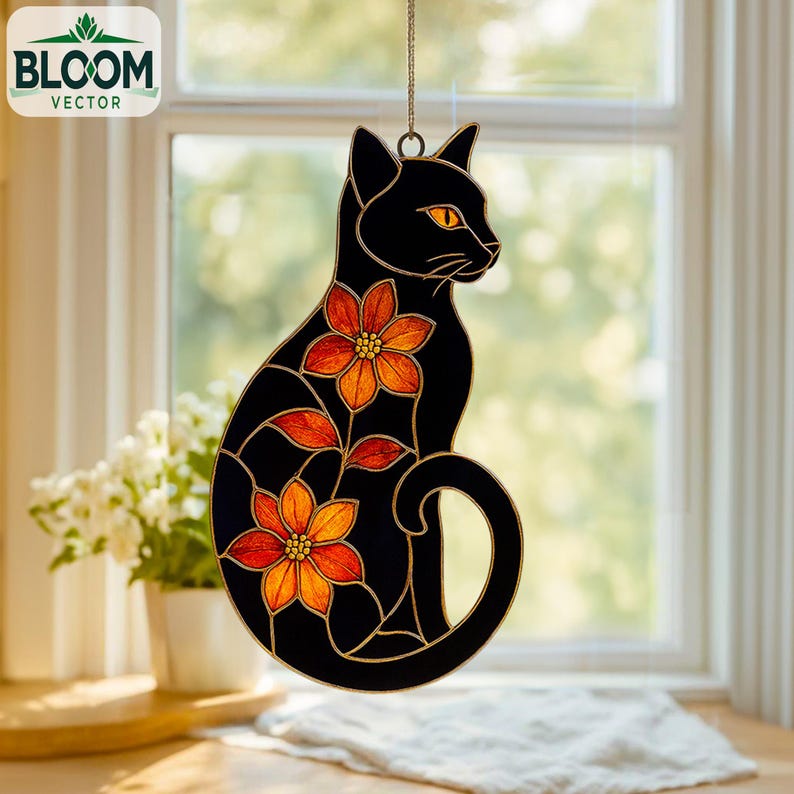 Black Cat Stained Glass Pattern: Floral Suncatcher DIY (PDF & PNG Files ...