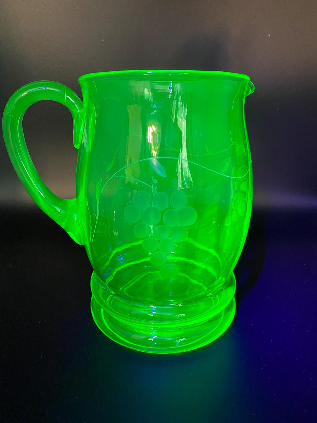 Vintage Uranium Glass Pitcher | 8” Etched Grapes | Glows Green Under UV ...