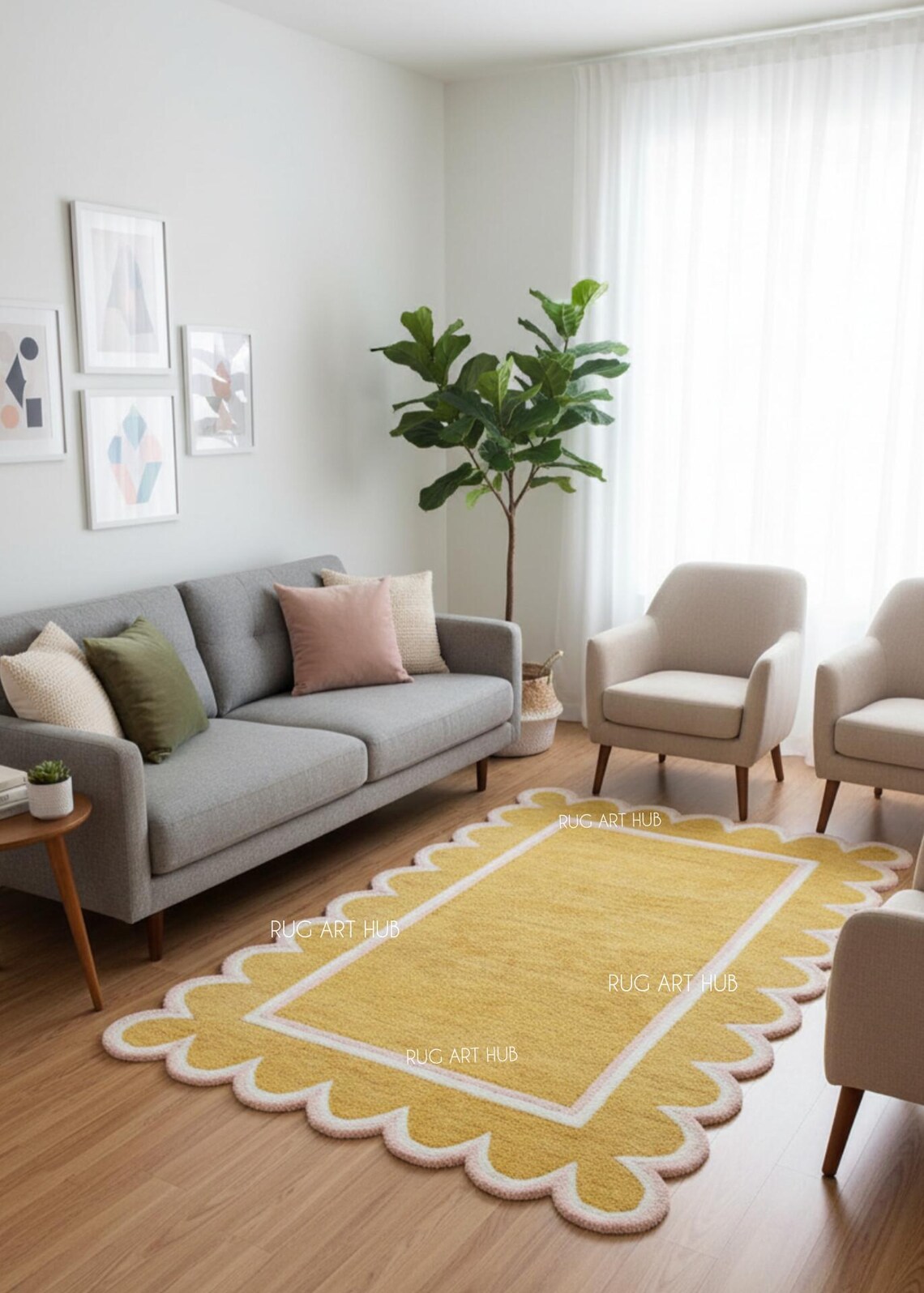 Hand Tufted Yellow Pink Scallop Border Rug – Modern Playful Area Rug ...