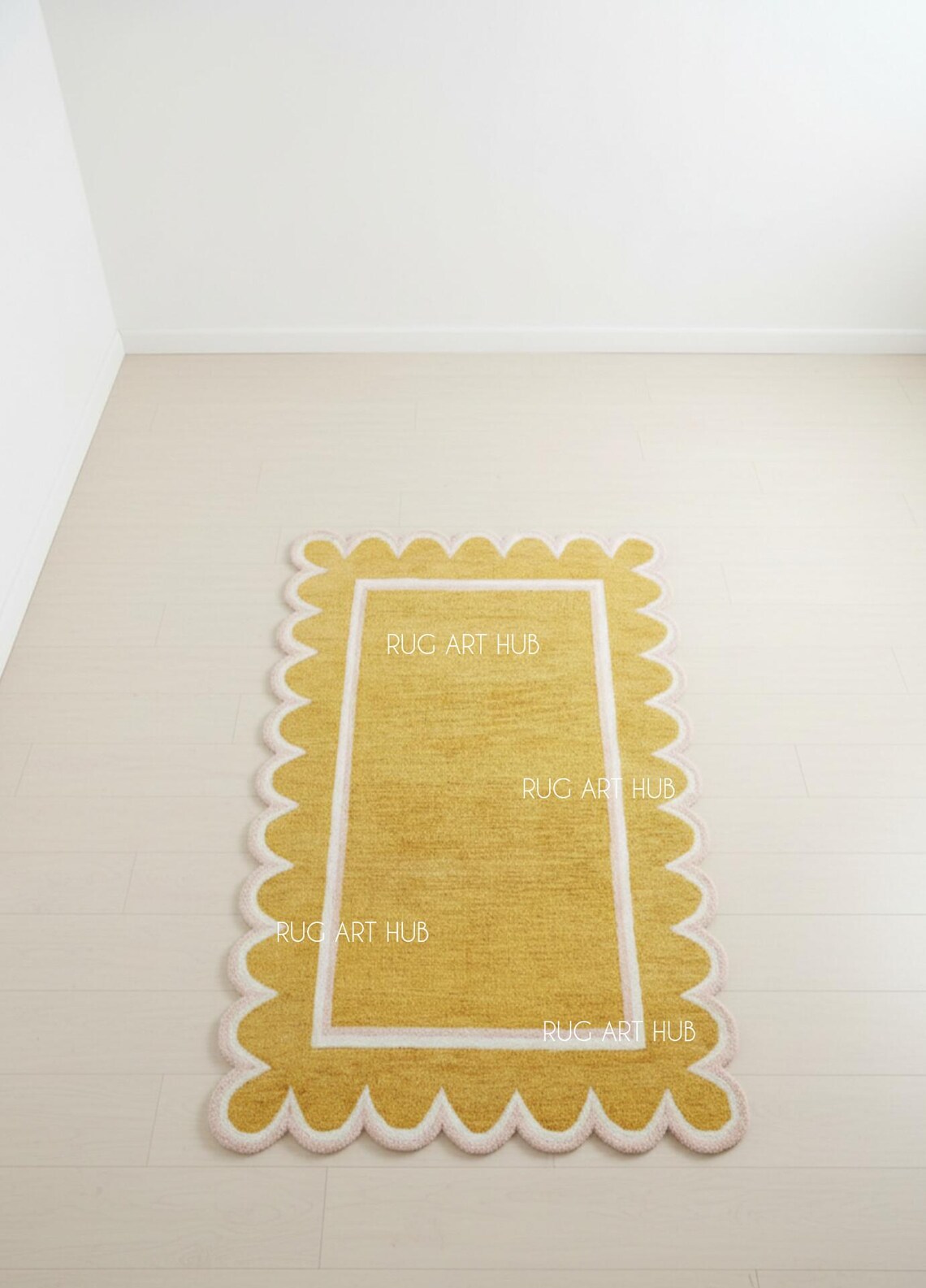 Hand Tufted Yellow Pink Scallop Border Rug – Modern Playful Area Rug ...