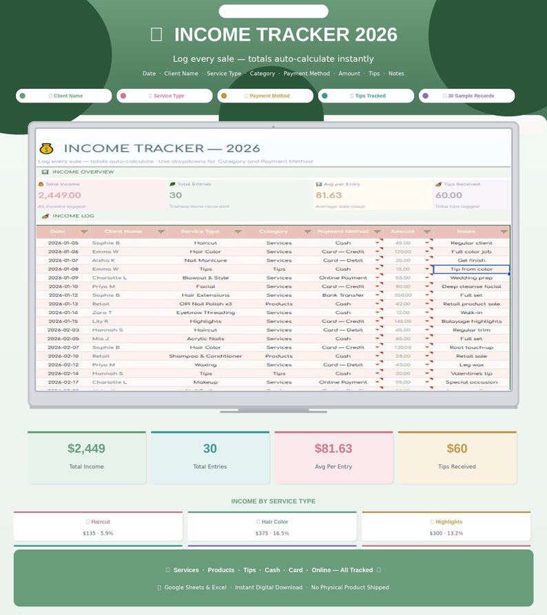 Salon Bookkeeping Spreadsheet, Income Expense Tracker (excel Google ...