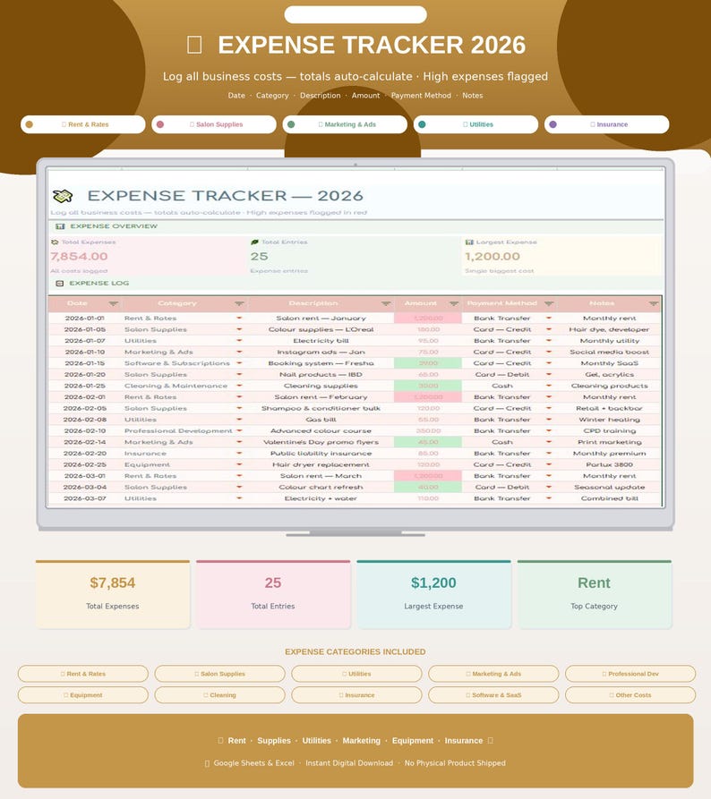 Salon Bookkeeping Spreadsheet, Income Expense Tracker (excel Google ...