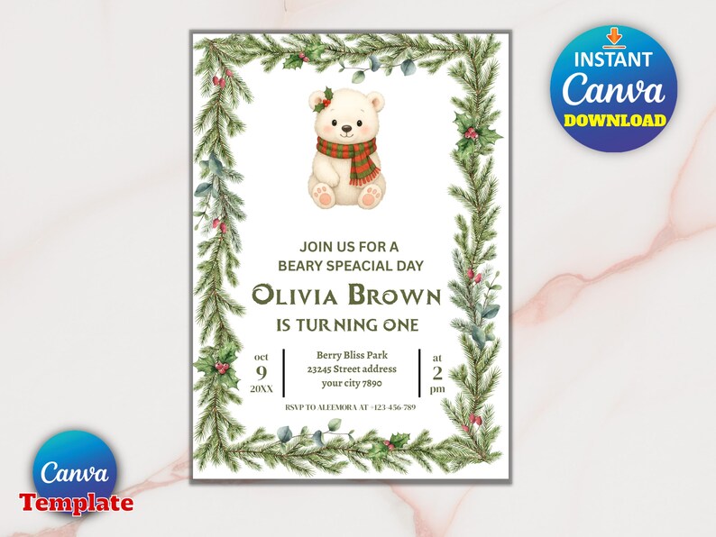 Christmas Teddy Bear Invitation Template, Editable Winter Bear Party ...