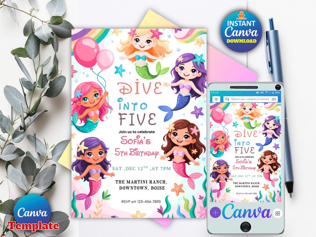 Editable Mermaid Dive Into Five Birthday Invitation | Whimsical Under ...