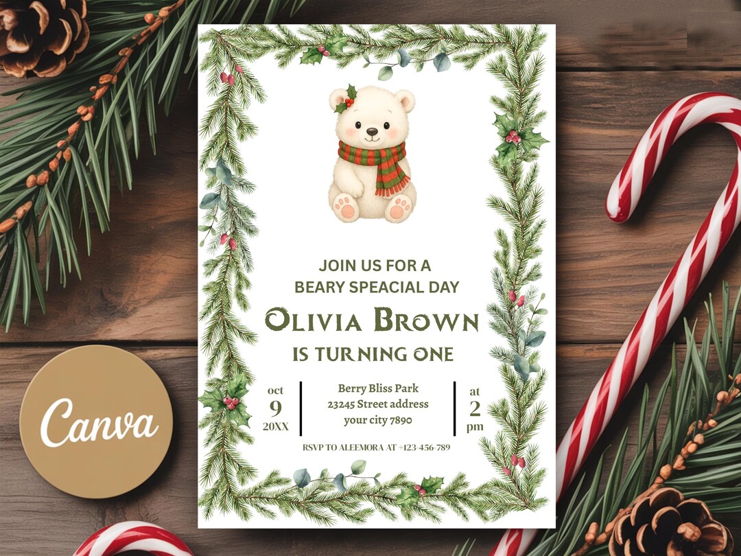 Christmas Teddy Bear Invitation Template, Editable Winter Bear Party ...