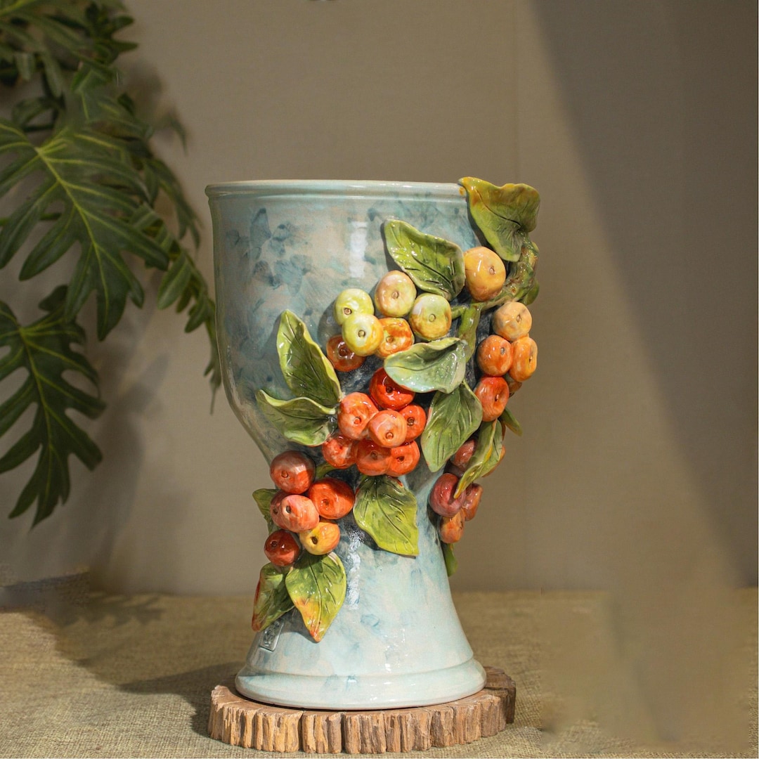 Hand-painted Ceramic Vase: Embossed Fruit & Floral Design - Etsy