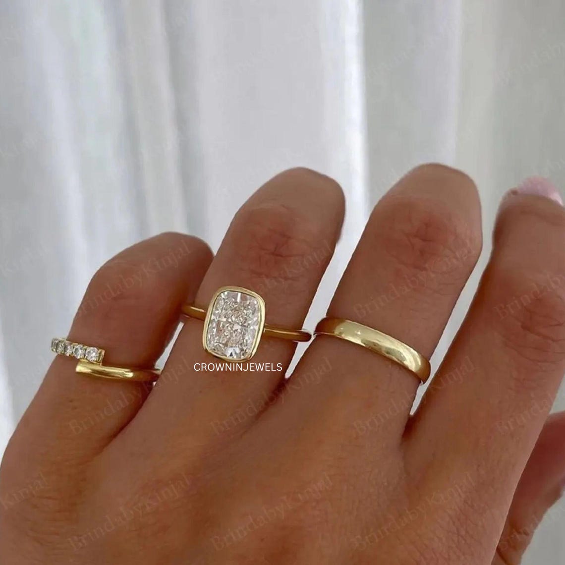 Elongated Cushion Moissanite Diamond Engagement Ring, Unique Bezel Set ...