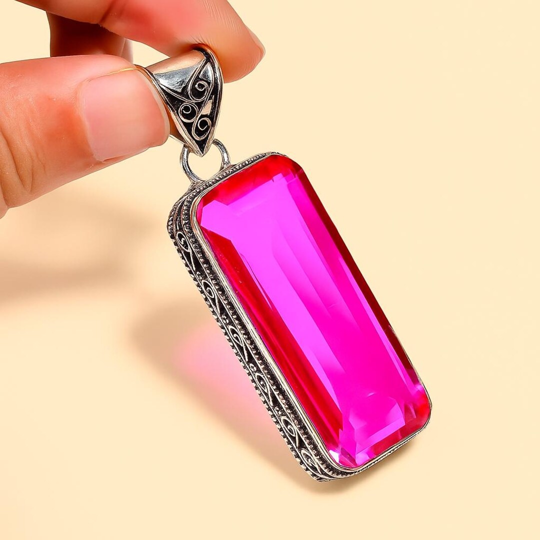 Pink Crystal Pendant Necklace • Vintage Boho Silver Statement Jewelry ...