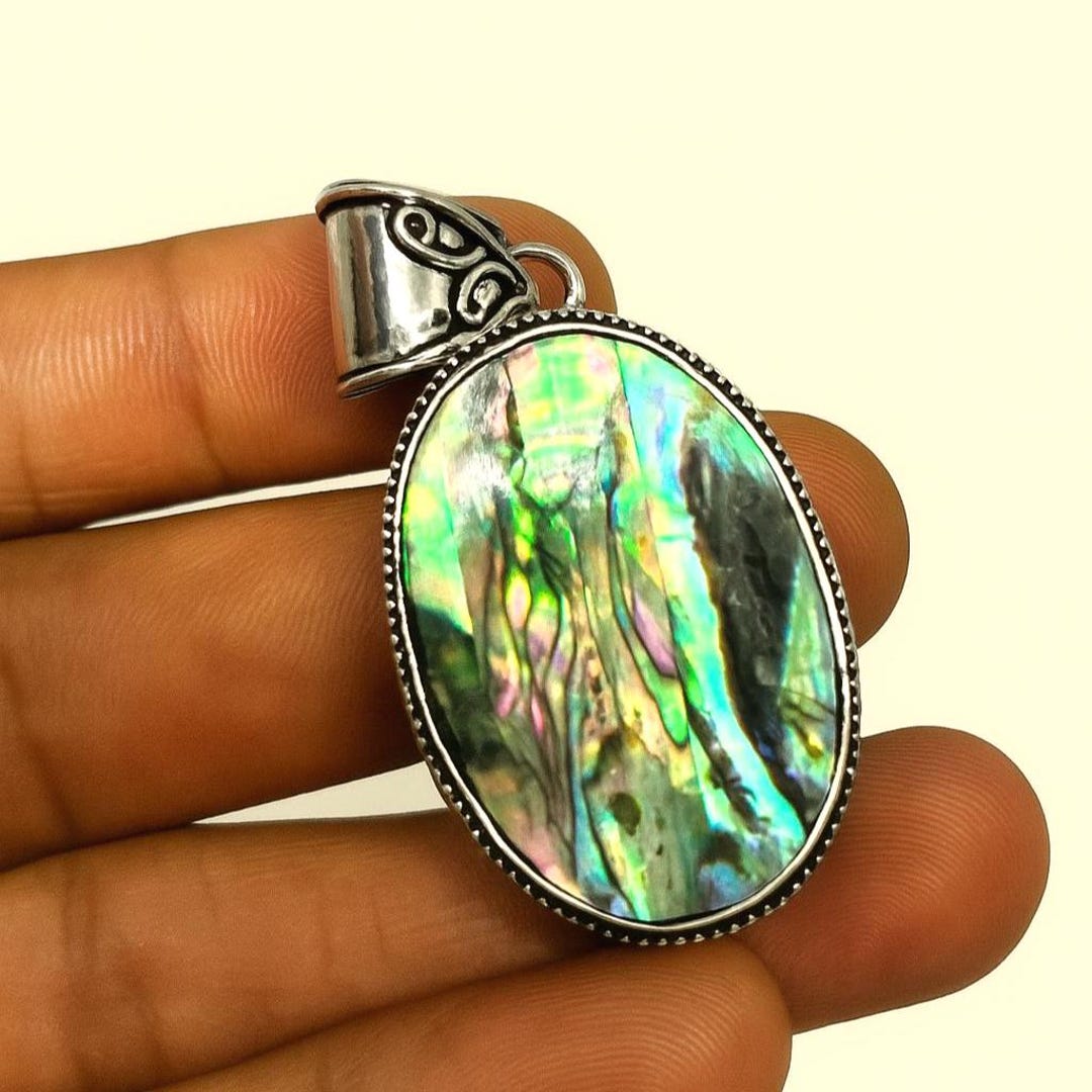 Iridescent Abalone Shell Pendant Necklace Sterling Silver | Large ...