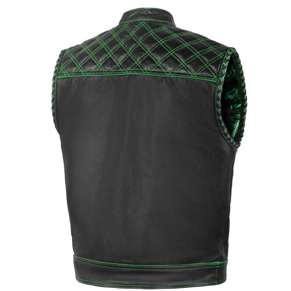 Men's Black Leather Motorcycle Vest: Green Diamond Stitch, Concealed ...