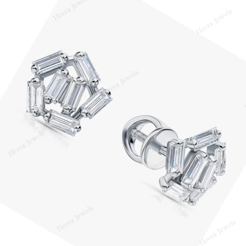 Baguette Lab Diamond Cluster Stud Earrings, 14k White Gold - Etsy