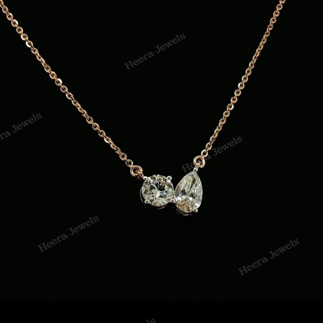 14k Gold Two Stone Diamond Necklace – Round & Pear Cut Duo – Minimalist ...