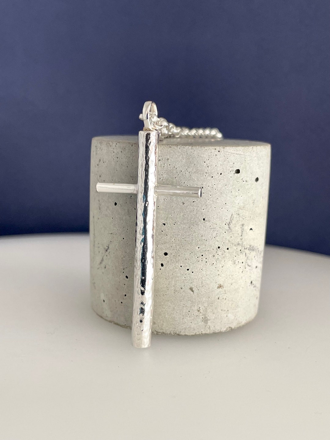Chunky Silver Cross Pendant Necklace Solid 925 Sterling Silver Hammered ...