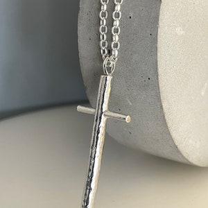 Chunky Silver Cross Pendant Necklace Solid 925 Sterling Silver Hammered ...
