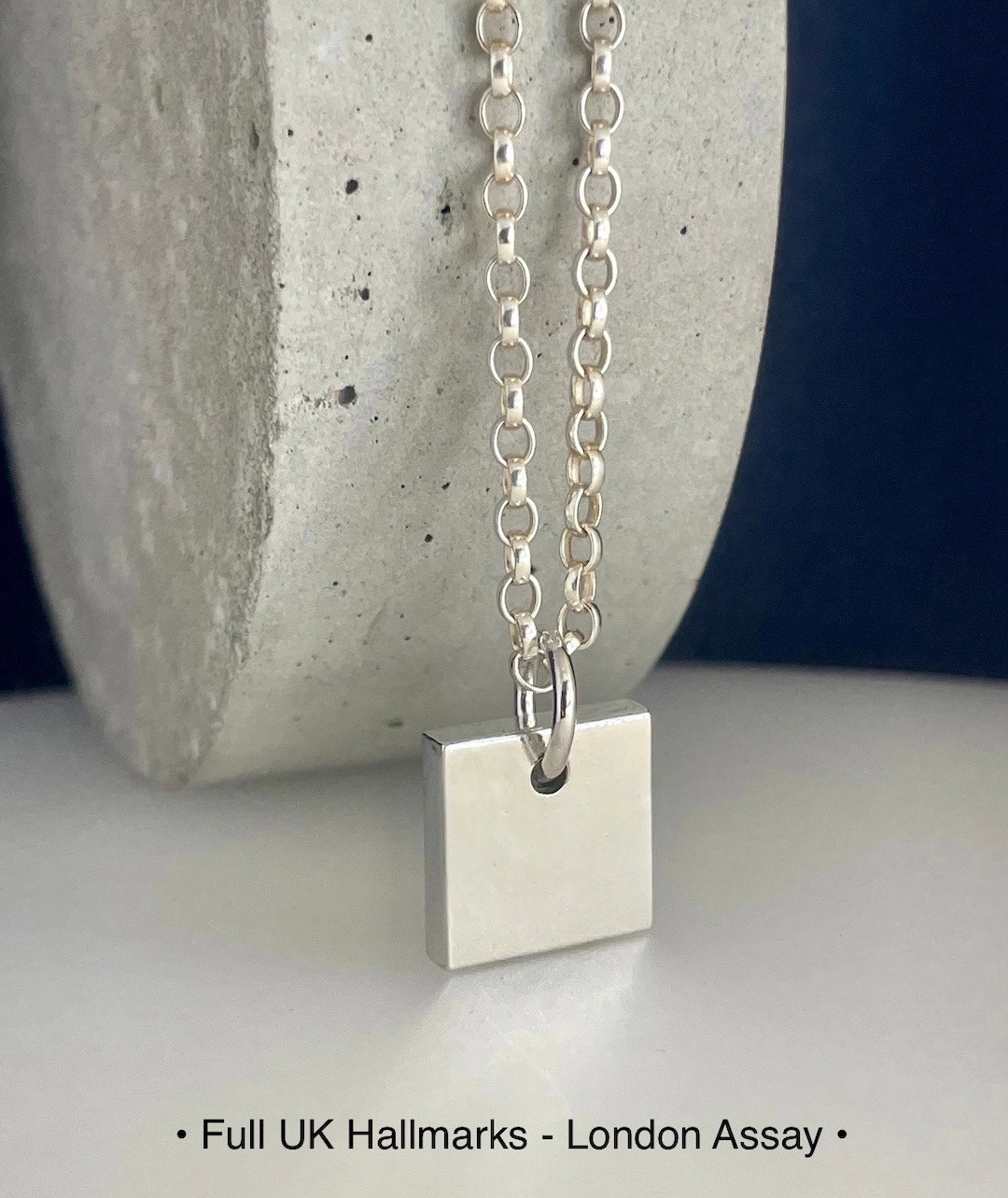 Small Chunky Silver Square Pendant Necklace • Solid 925 Sterling Silver ...