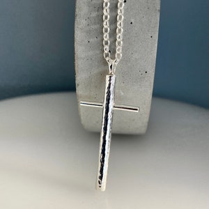 Chunky Silver Cross Pendant Necklace Solid 925 Sterling Silver Hammered ...
