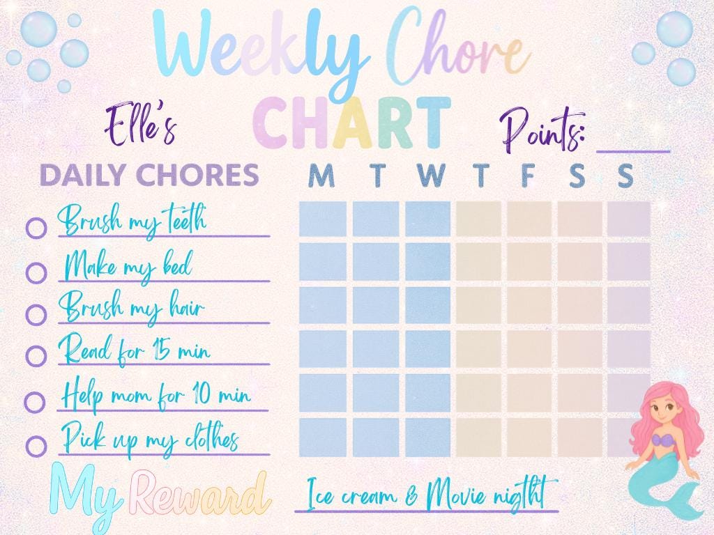 Mermaid Chore Chart for Kids: Weekly Reward Tracker (printable ...