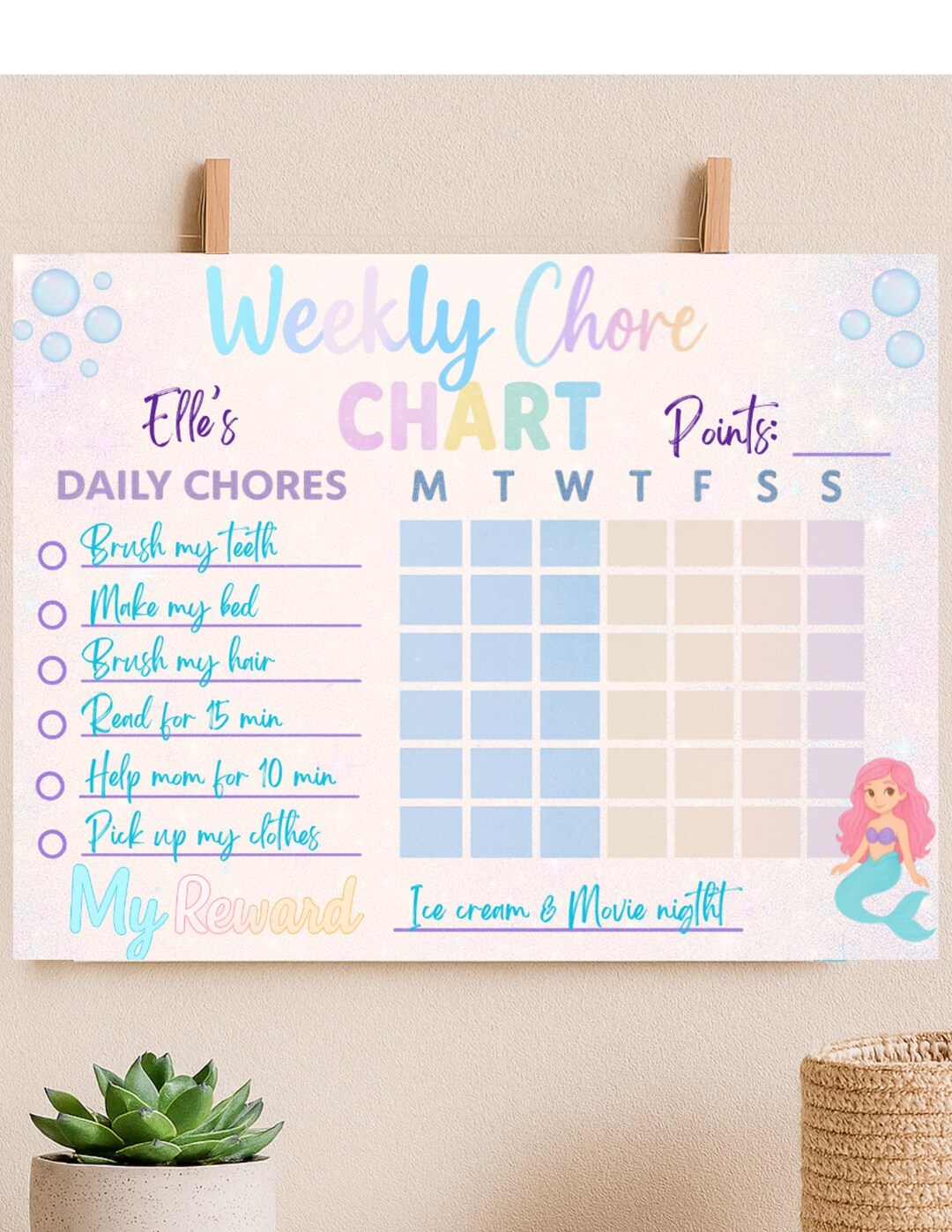 Mermaid Chore Chart for Kids: Weekly Reward Tracker (printable ...