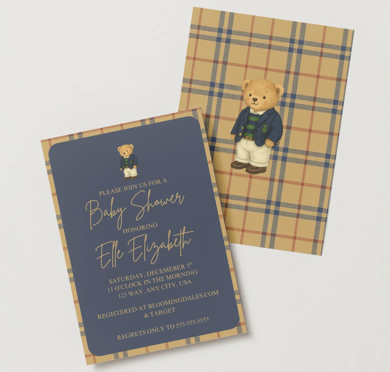 Polo Bear Baby Shower Invitation | Blue Plaid, Canva Template (PDF ...