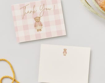 Pink Gingham Teddy Bear Thank You Card: Editable Canva Template ...