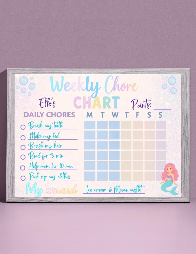 Mermaid Chore Chart for Kids: Weekly Reward Tracker (printable ...