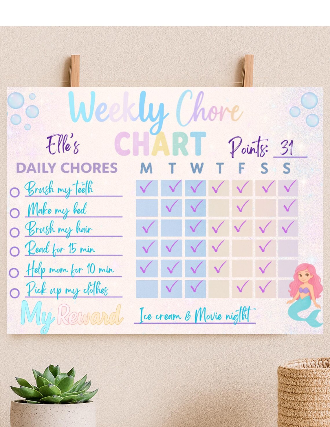 Mermaid Chore Chart for Kids: Weekly Reward Tracker (printable ...