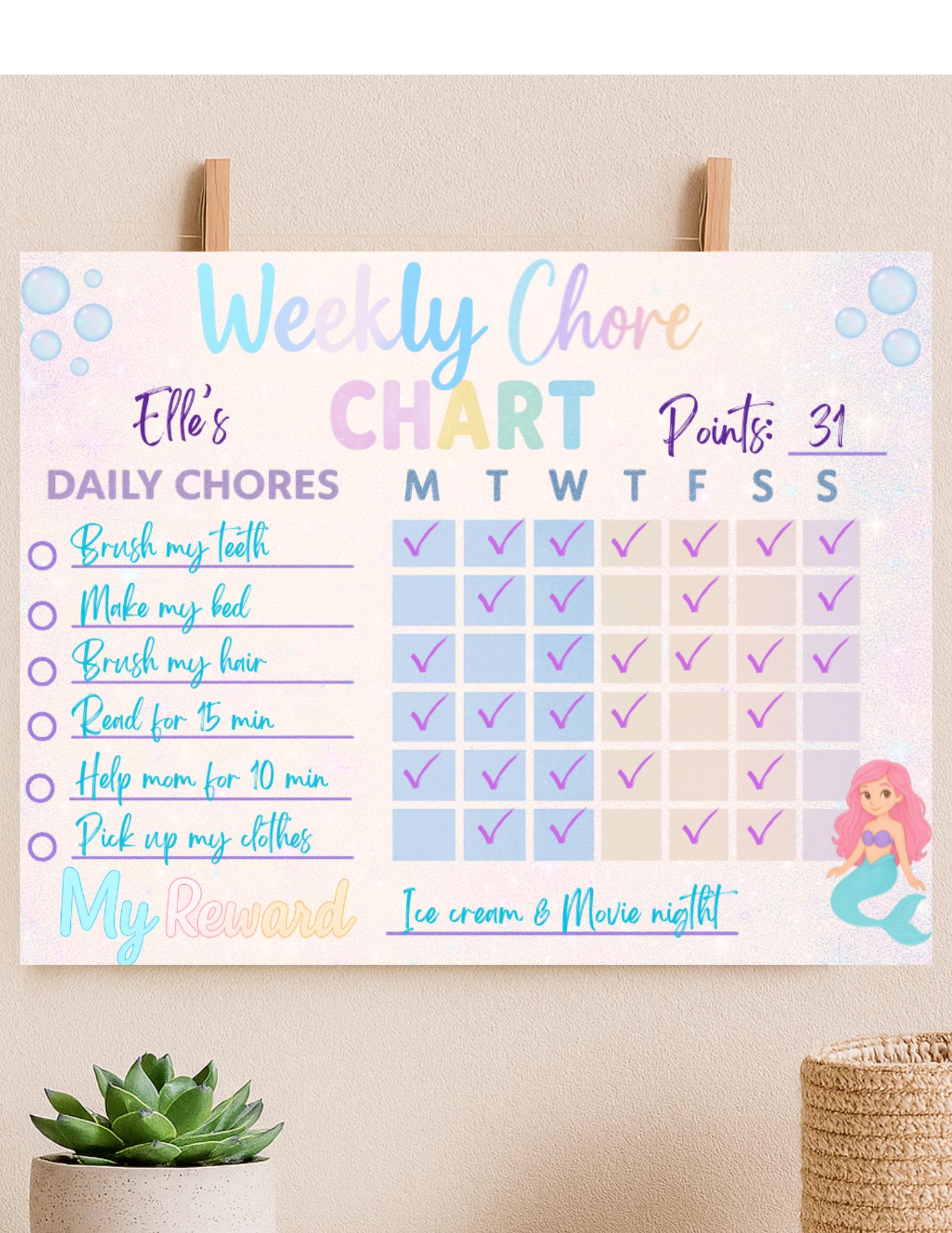 Mermaid Chore Chart for Kids: Weekly Reward Tracker (printable ...