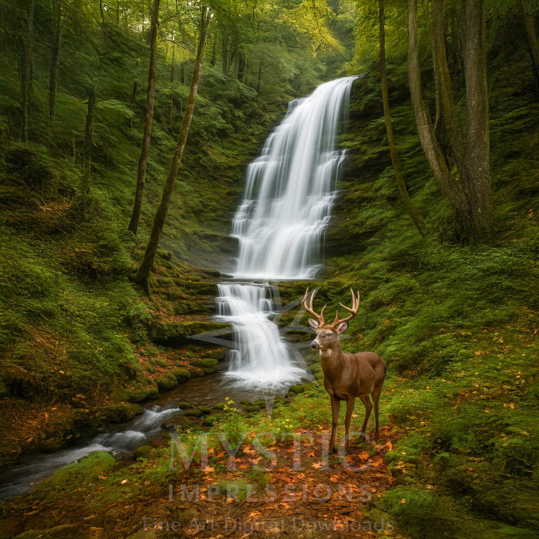 Forest Waterfall Deer Print: Rustic Woodland Landscape Photography ...