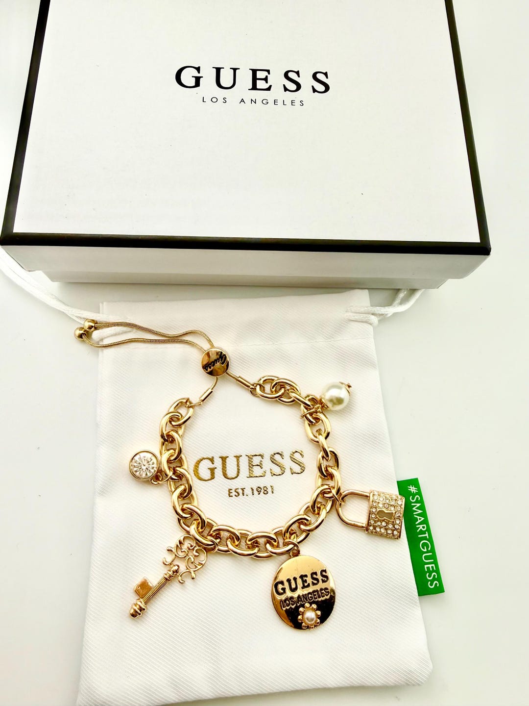 Vintage Charm Bracelet GUESS Gold Tone Adjustable Slider | Pave Lock ...