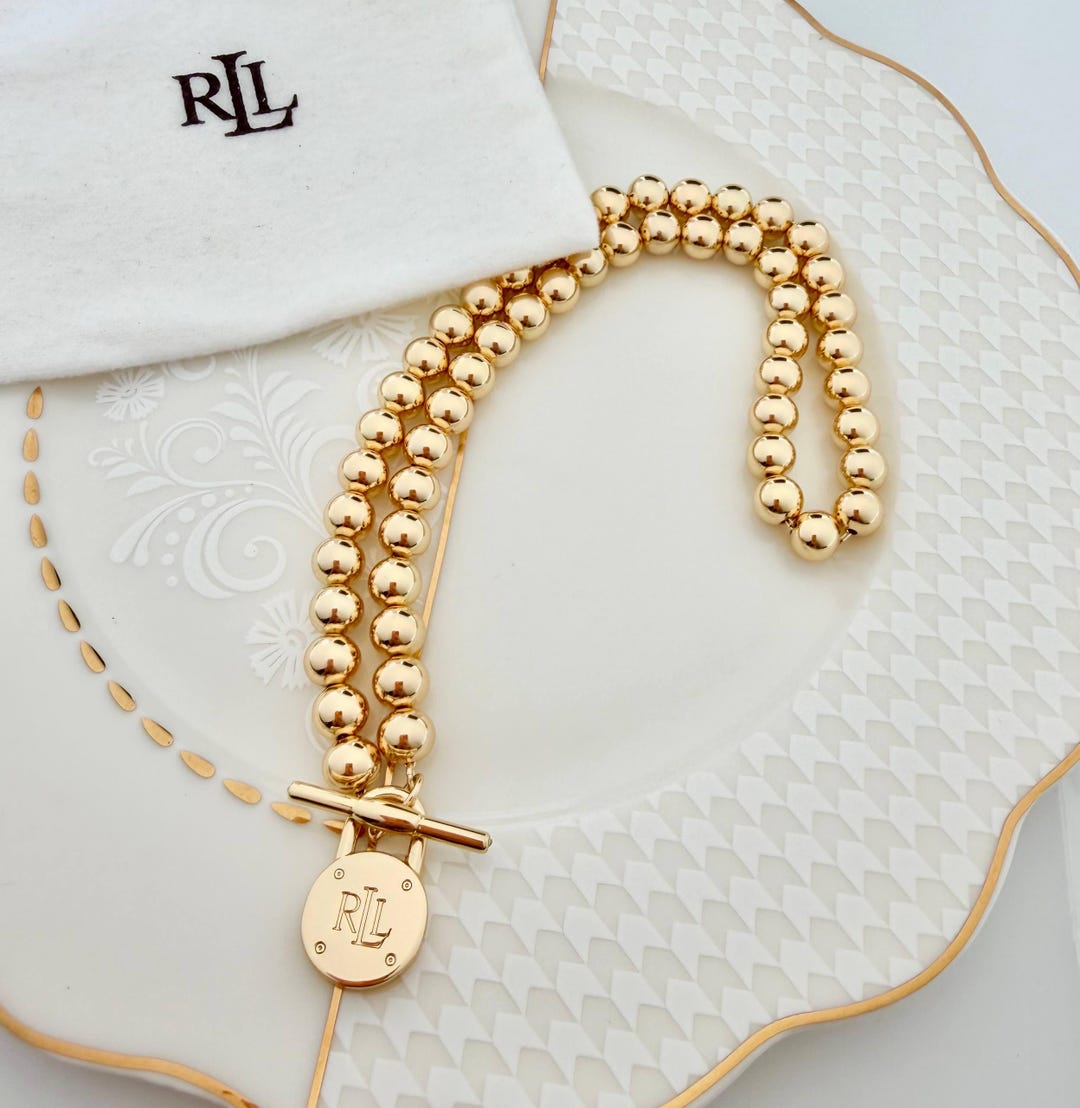 Ralph Lauren Gold Ball Chain Necklace | RLL Engraved Logo Disc Pendant ...