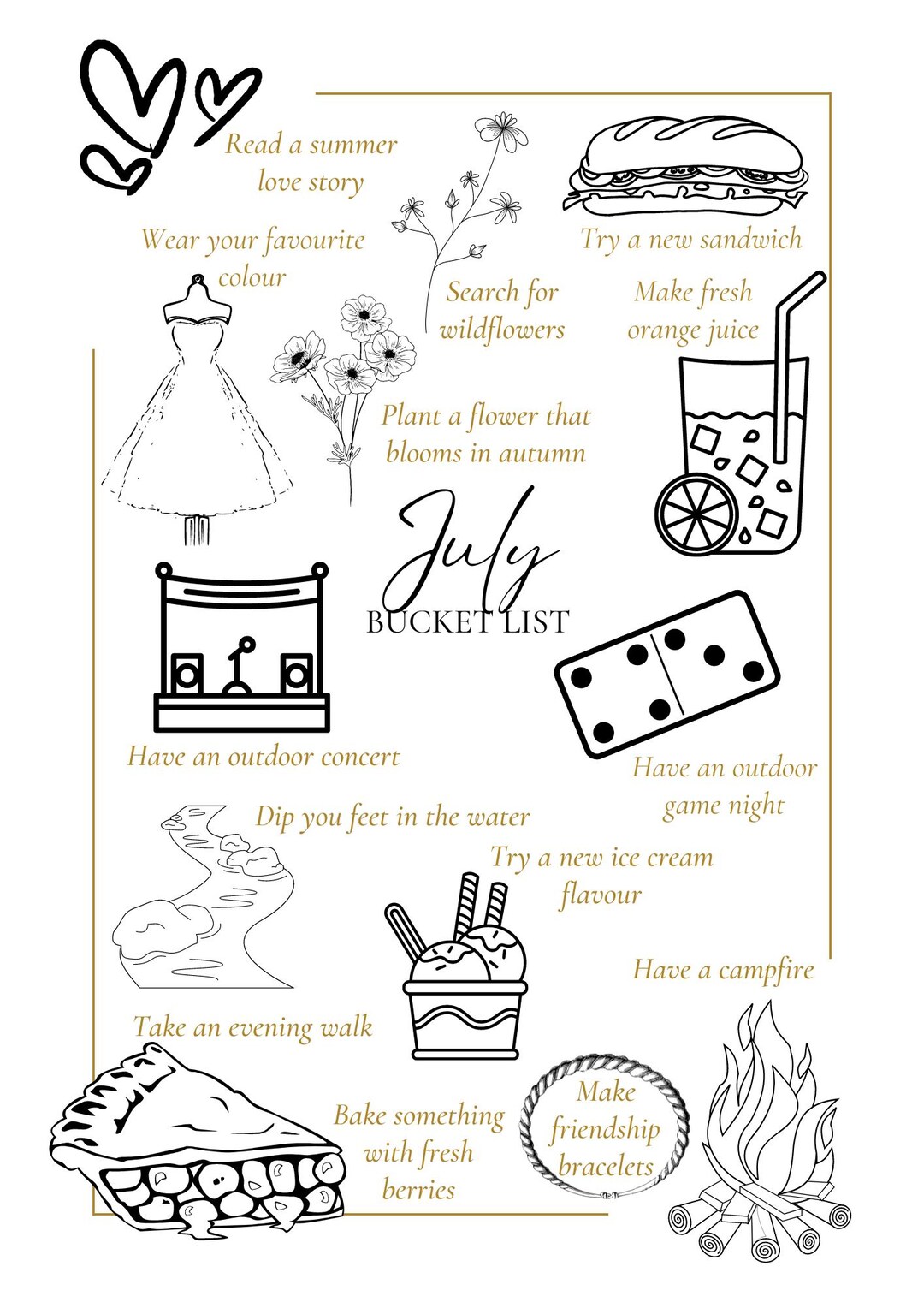 July Bucket List - Colouring Page - PRINTABLE Journal Page - Monthly ...