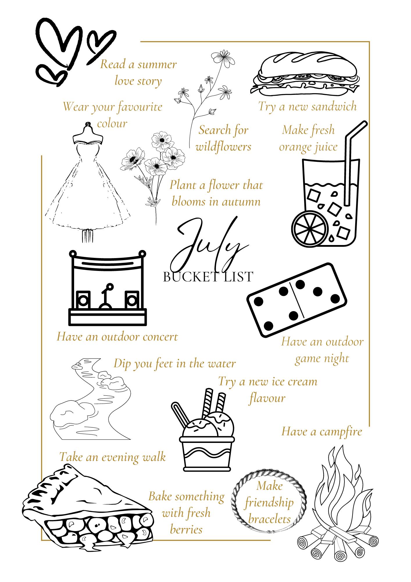 July Bucket List - Colouring Page - PRINTABLE Journal Page - Monthly ...