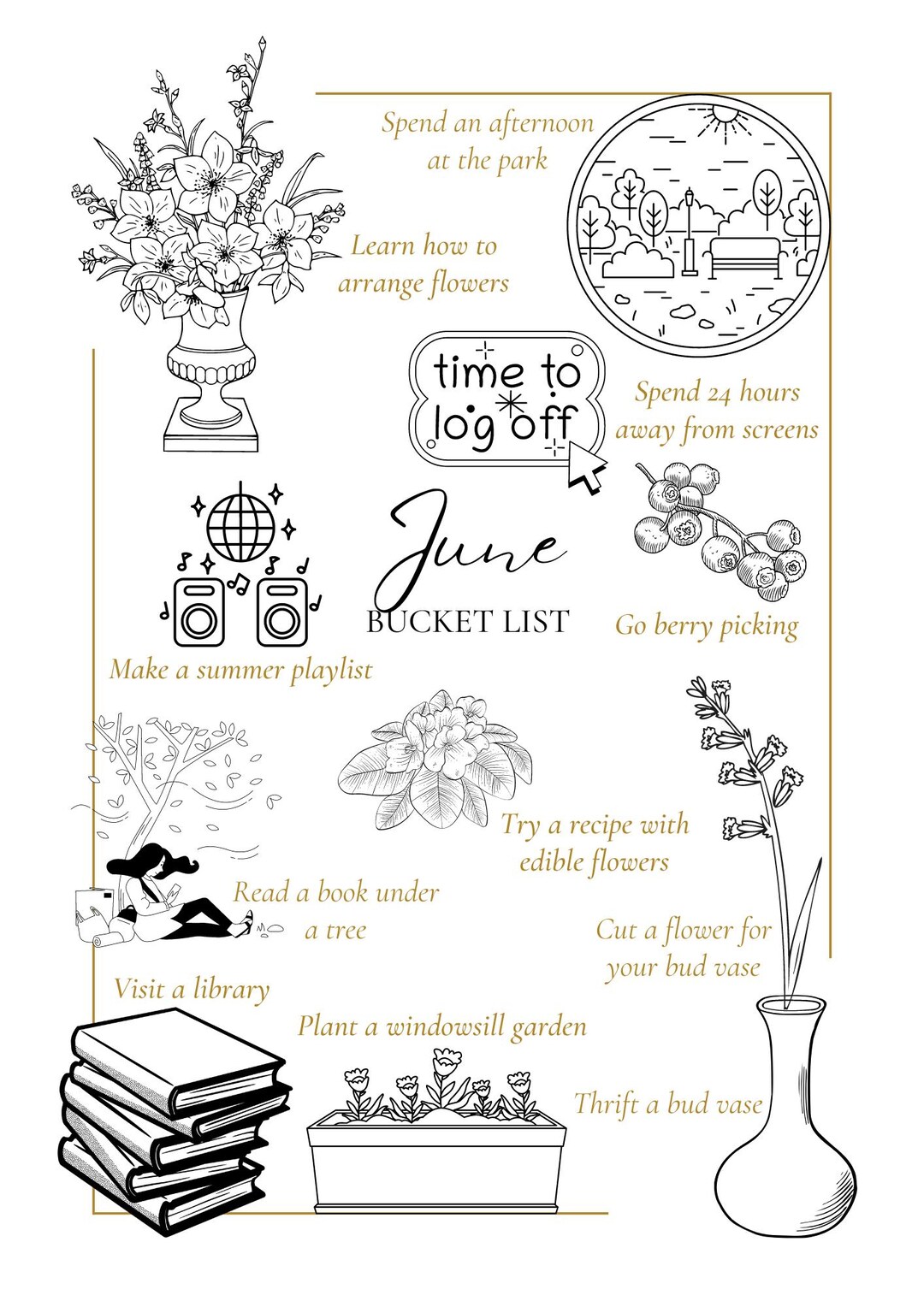June Bucket List - Colouring Page - PRINTABLE Journal Page - Monthly ...