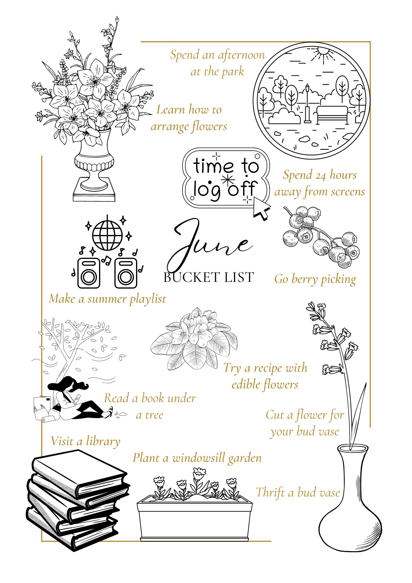 June Bucket List - Colouring Page - PRINTABLE Journal Page - Monthly ...