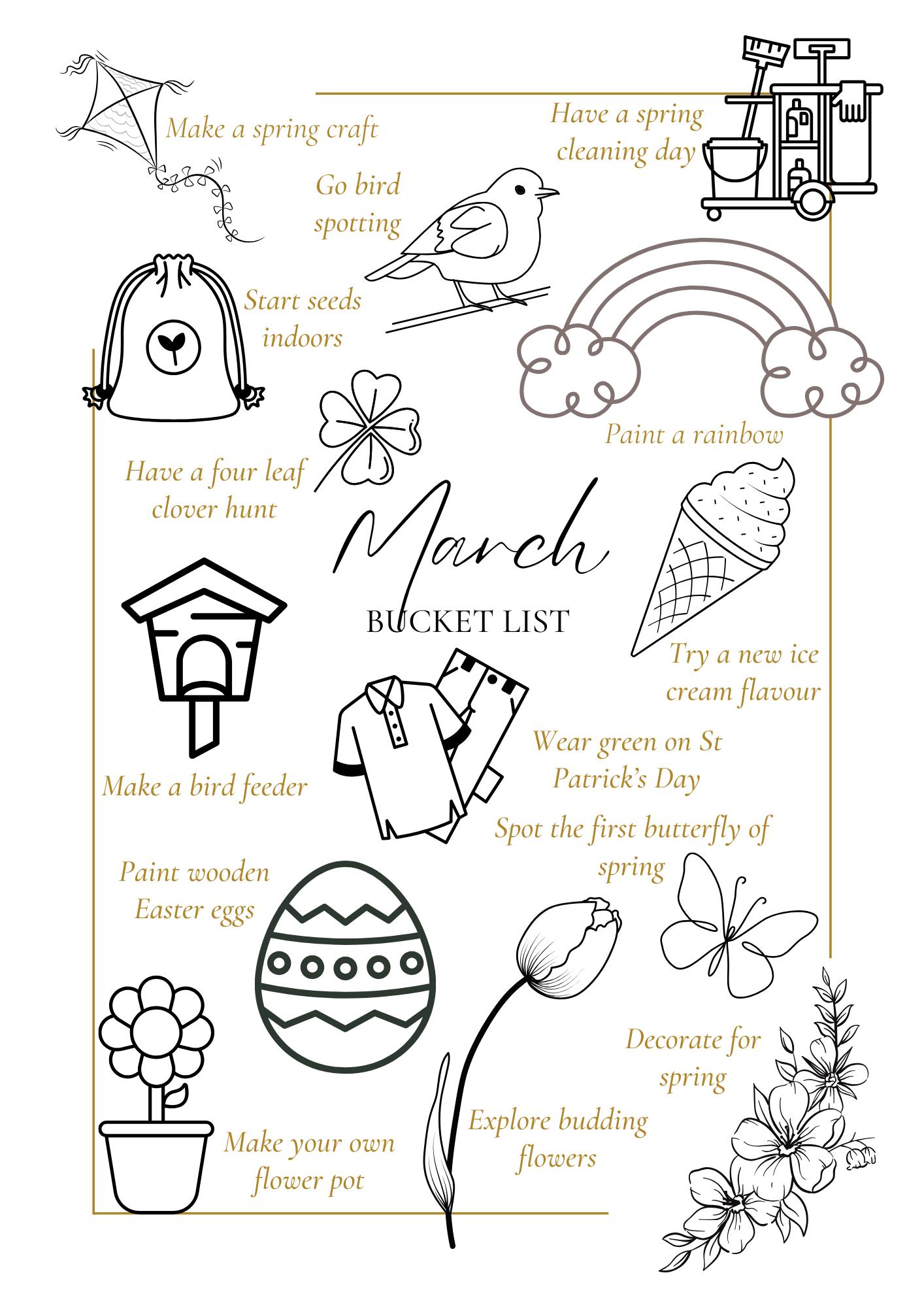 March Bucket List - Colouring Page - PRINTABLE Journal Page - Monthly ...