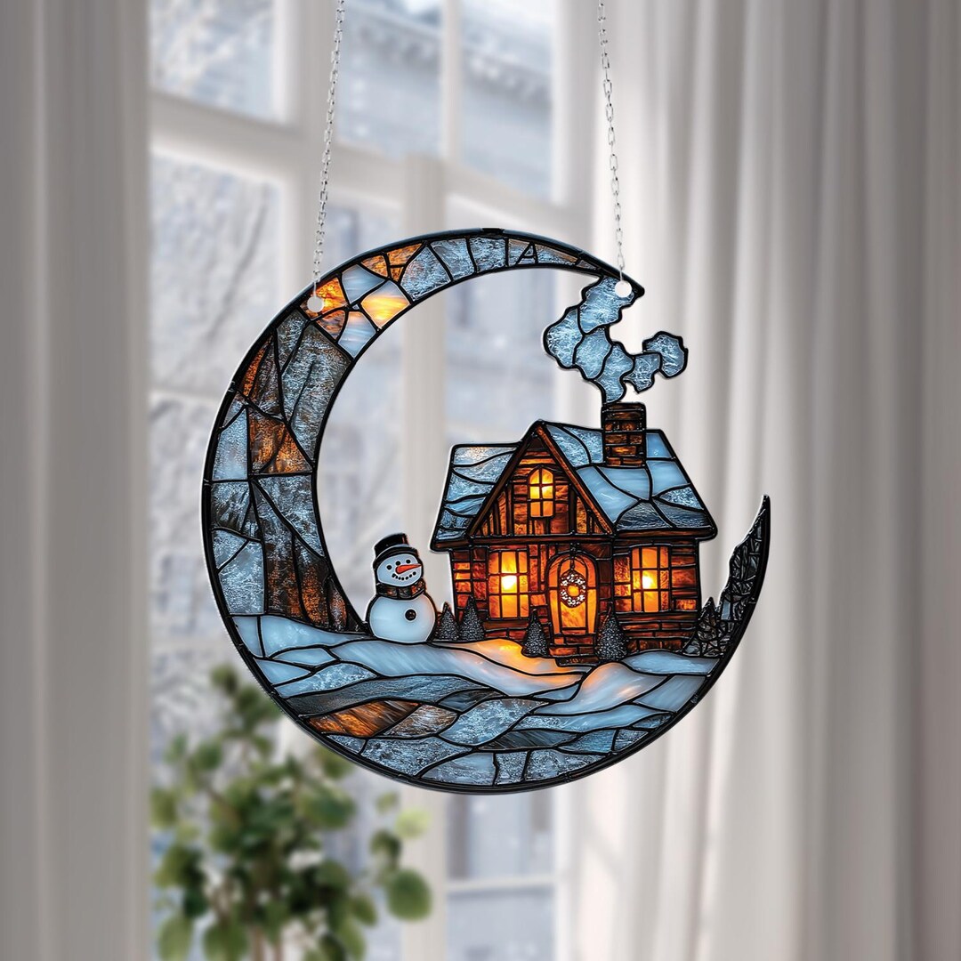 Crescent Moon Cabin Window Hanging Décor, Winter Cottage Ornament With ...
