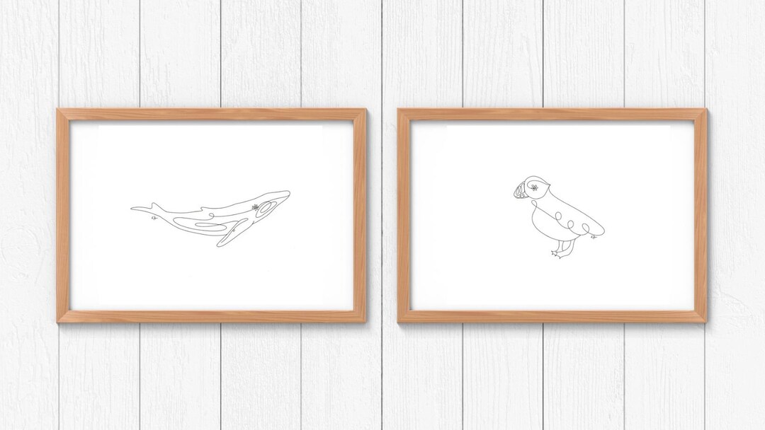 Whale & Puffin Line Art Prints: Newfoundland Coastal Decor (digital ...