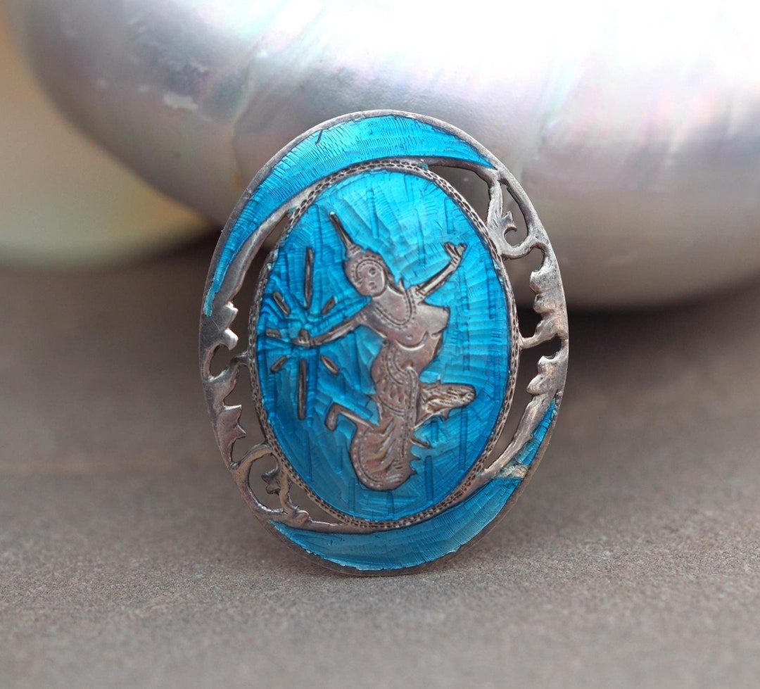 Thai Dancer Siam Vintage Silver and Blue Enamel Brooch - Etsy