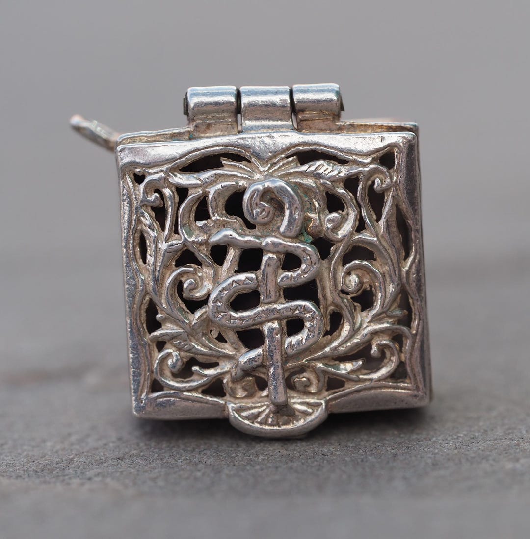 Ornate Pill Box Medical Vintage Silver Charm or Pendant - Rod of ...