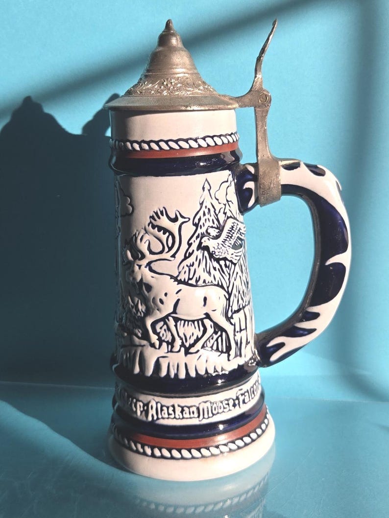 1970s Avon Mountain Goat Stein • Tom Daniel Wildlife Design • Blue & White Ceramic Beer Mug With ...