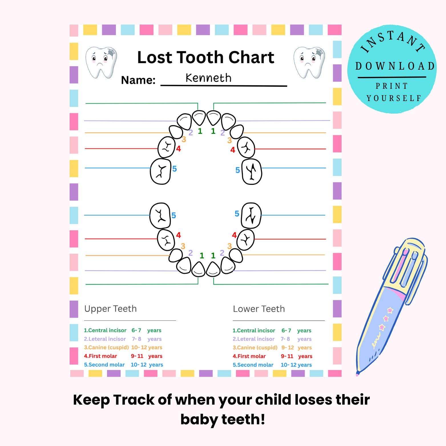 Printable Tooth Eruption and Lost Tooth Chart • Baby Tooth Tracker ...