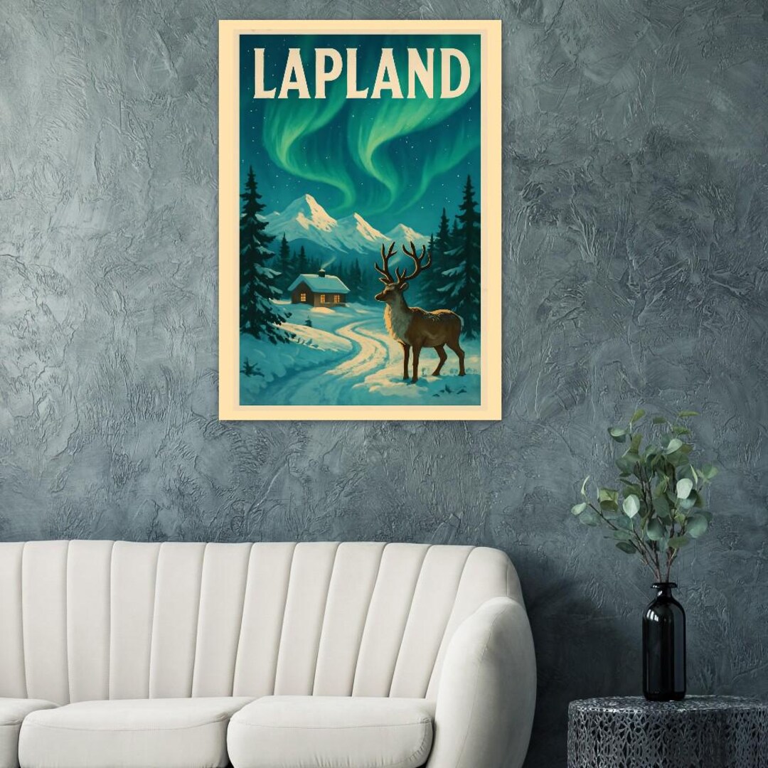 Lapland Northern Lights Travel Poster – Vintage Winter Wonderland Wall ...