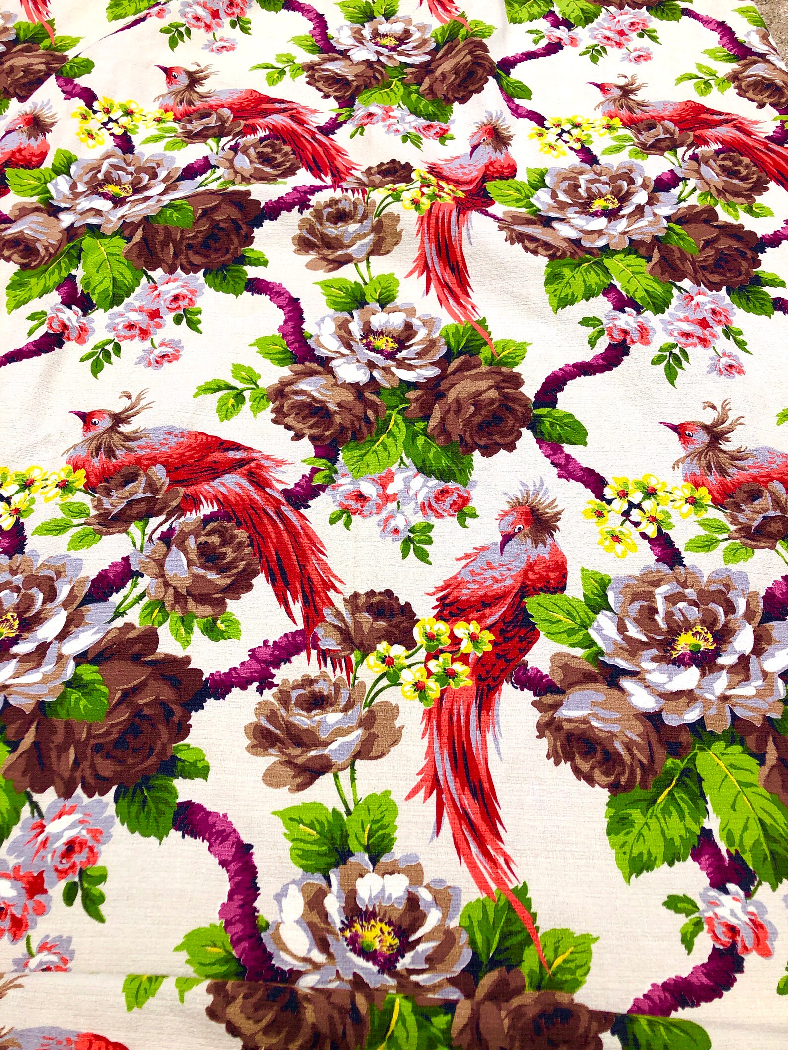 Tropical Red Birds Barkcloth Vintage Fabric Hollywood Regency Drape ...