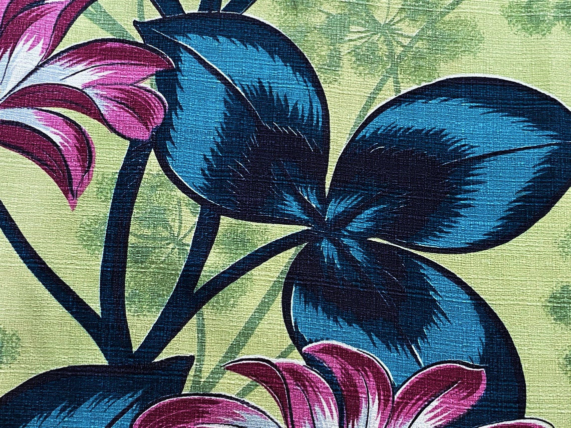 Rare 30's Hawaiiana Chartreuse Floral Barkcloth Vintage Fabric Drape ...