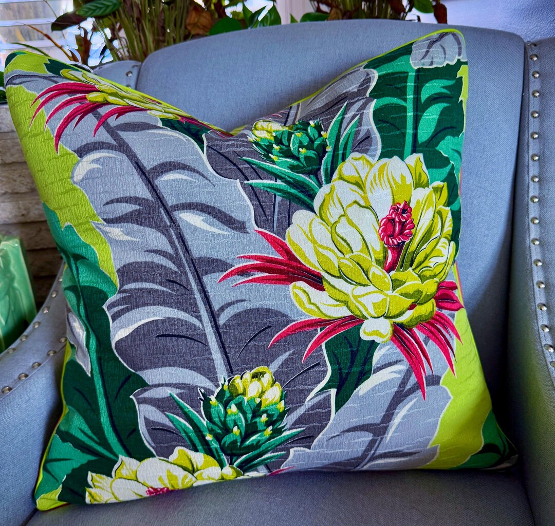 Electric Chartreuse BANANA Leaves BARKCLOTH Mid Century Vintage Fabric ...