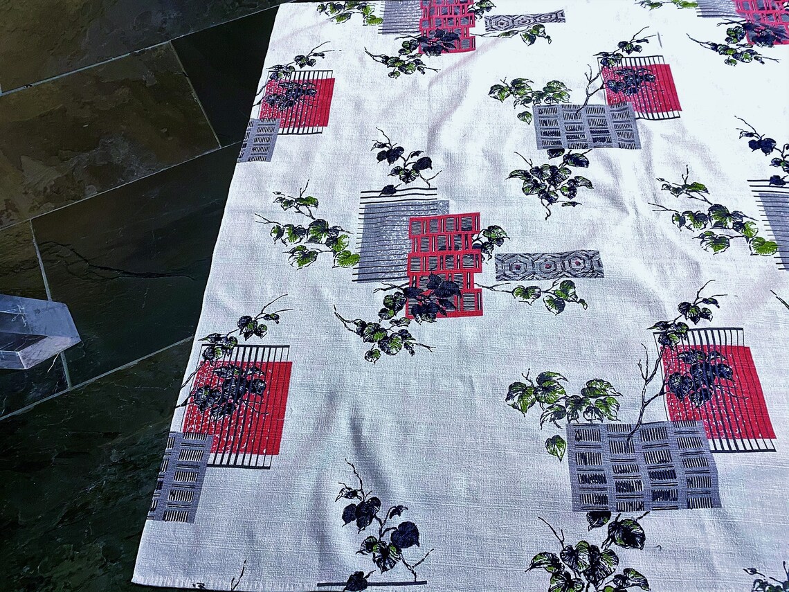 Atomic Asian Breeze Block Screens Barkcloth Vintage Fabric Tablecloth ...